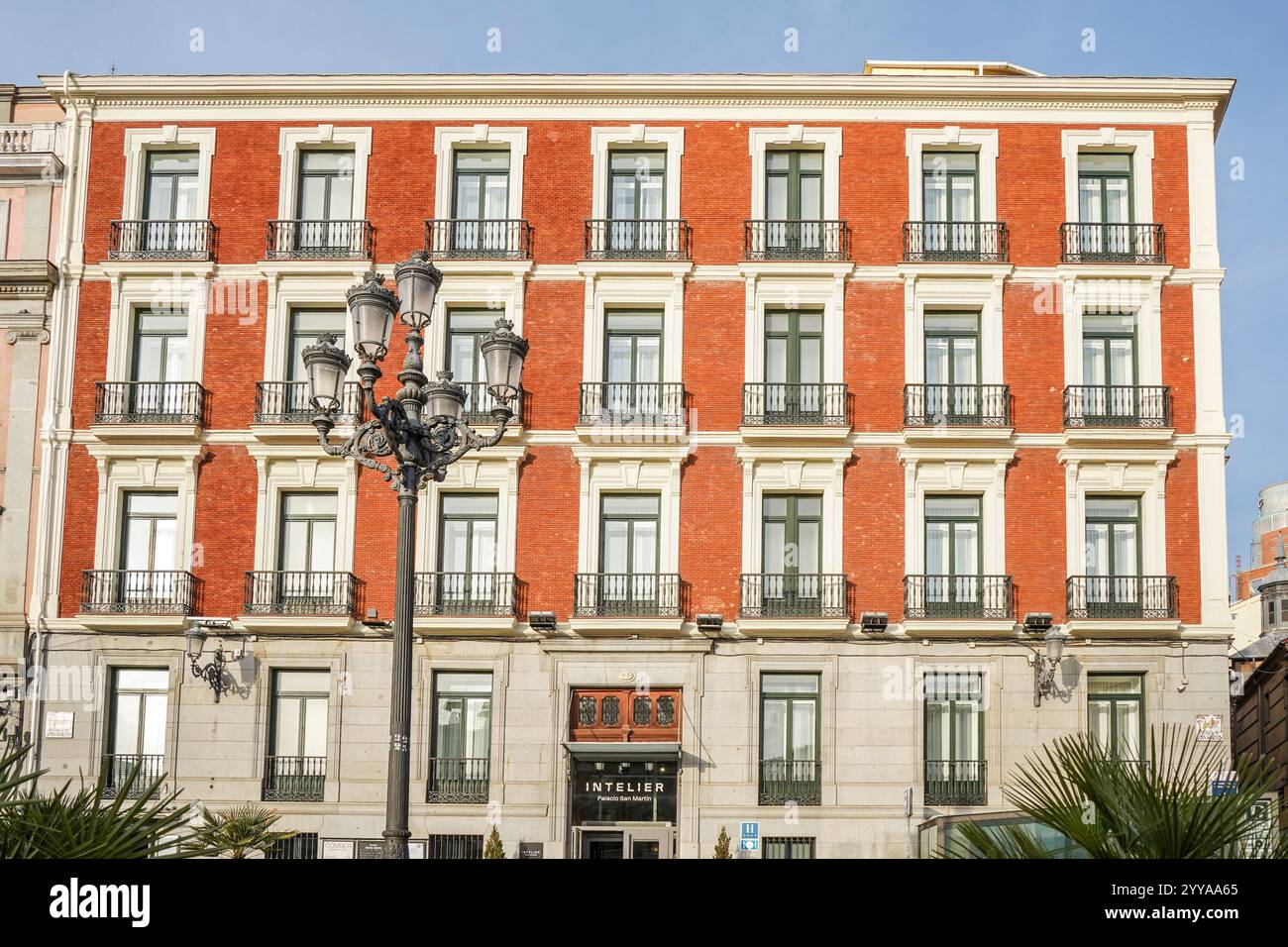 Spanish building, facade of apartment block seen in Madrid, Spain Stock ...