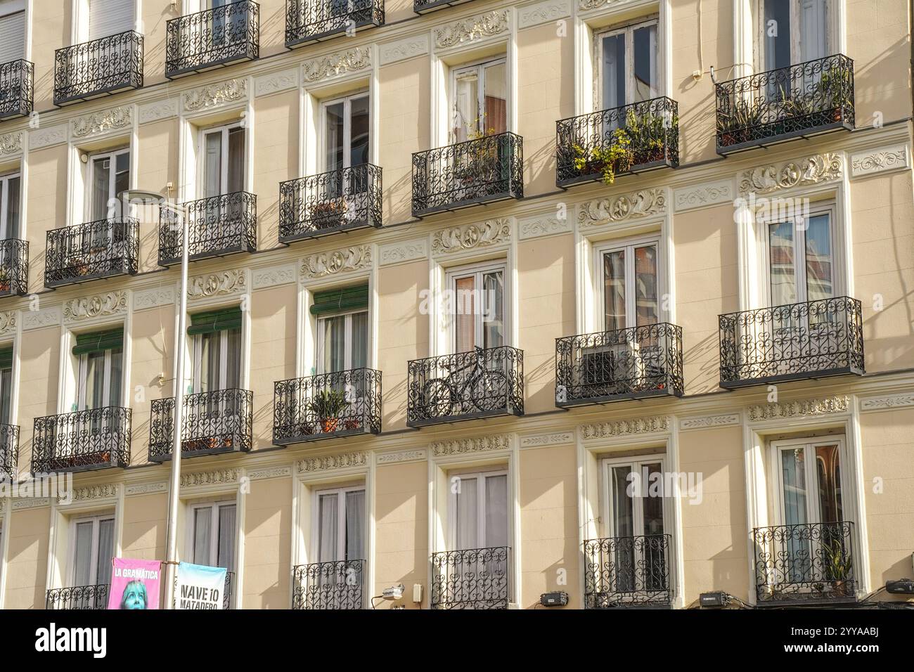 Spanish building, facade of apartment block seen in Madrid, Spain Stock ...