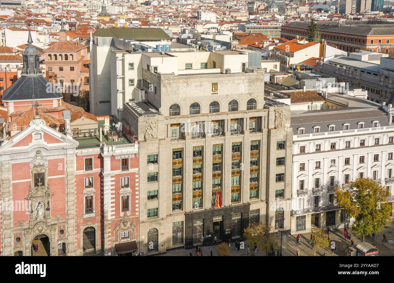 Aerial view, cityscape of Madrid, Spain. Gran Via, main shopping street ...