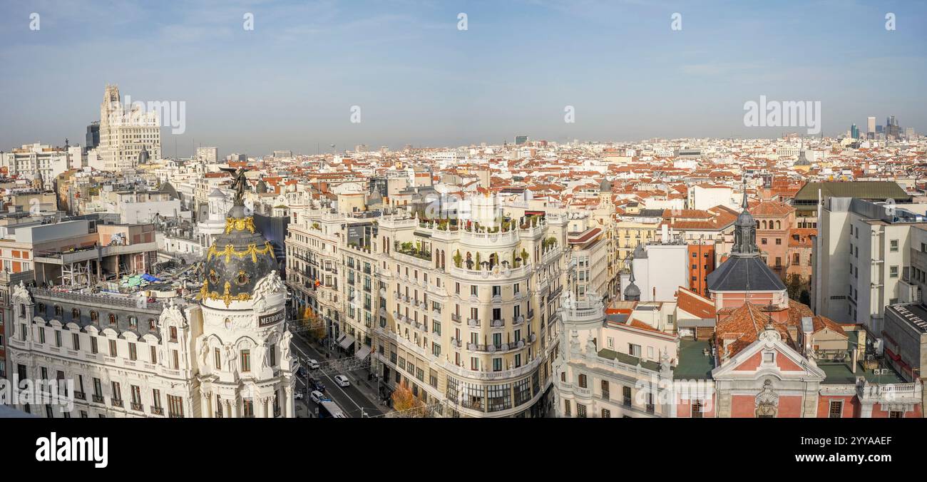 Aerial view, cityscape of Madrid, Spain. Gran Via, with and Metropolis ...