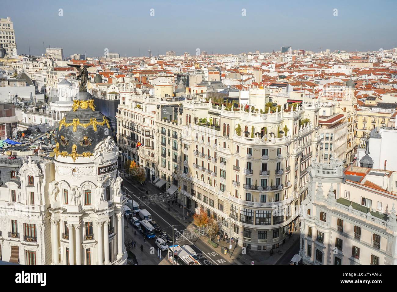 Aerial view, cityscape of Madrid, Spain. Gran Via, with and Metropolis ...