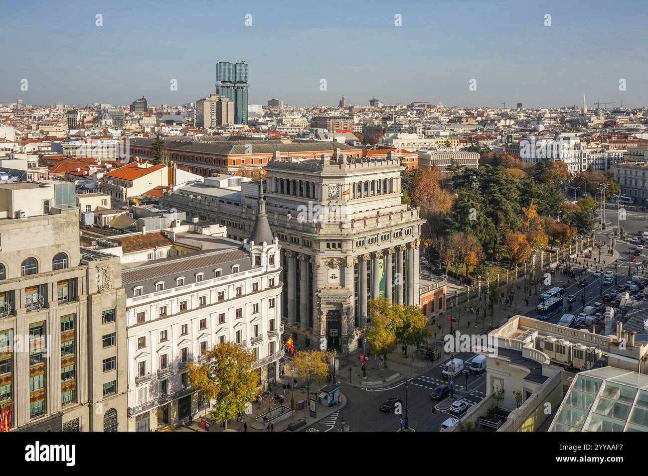 Aerial view, cityscape of Madrid, Spain. Gran Via, main shopping street ...