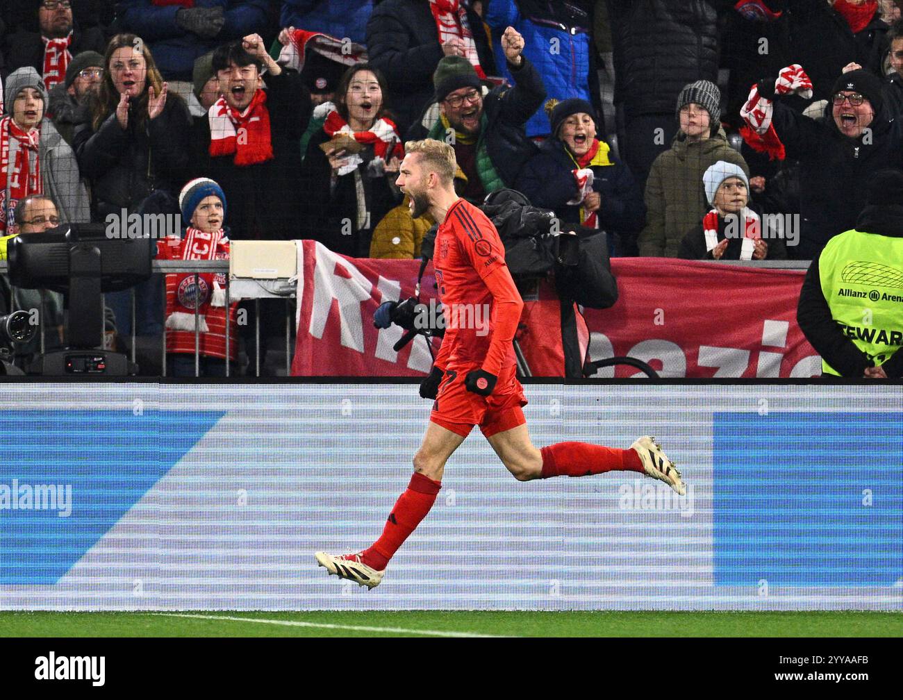 Munich's Konrad Laimer celebrates scoring during the Bundesliga soccer ...