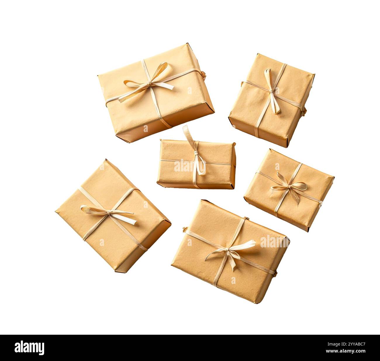 Six gift boxes wrapped in brown paper tied with beige ribbon on ...