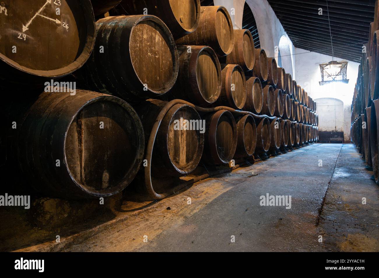 Solera systems in old Andalusian wine cellar, process for aging sherry ...