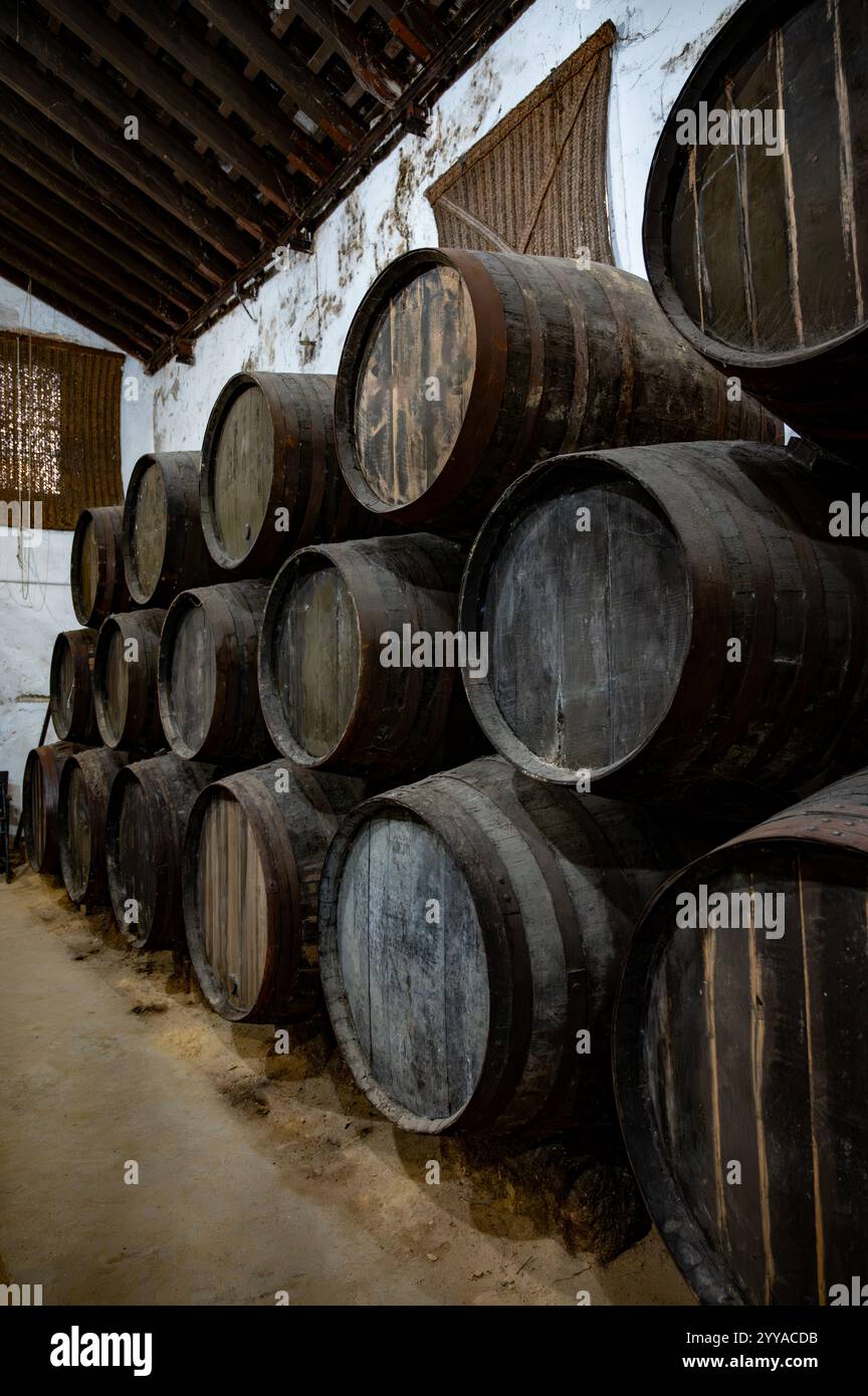 Solera systems in old Andalusian wine cellar, process for aging sherry ...