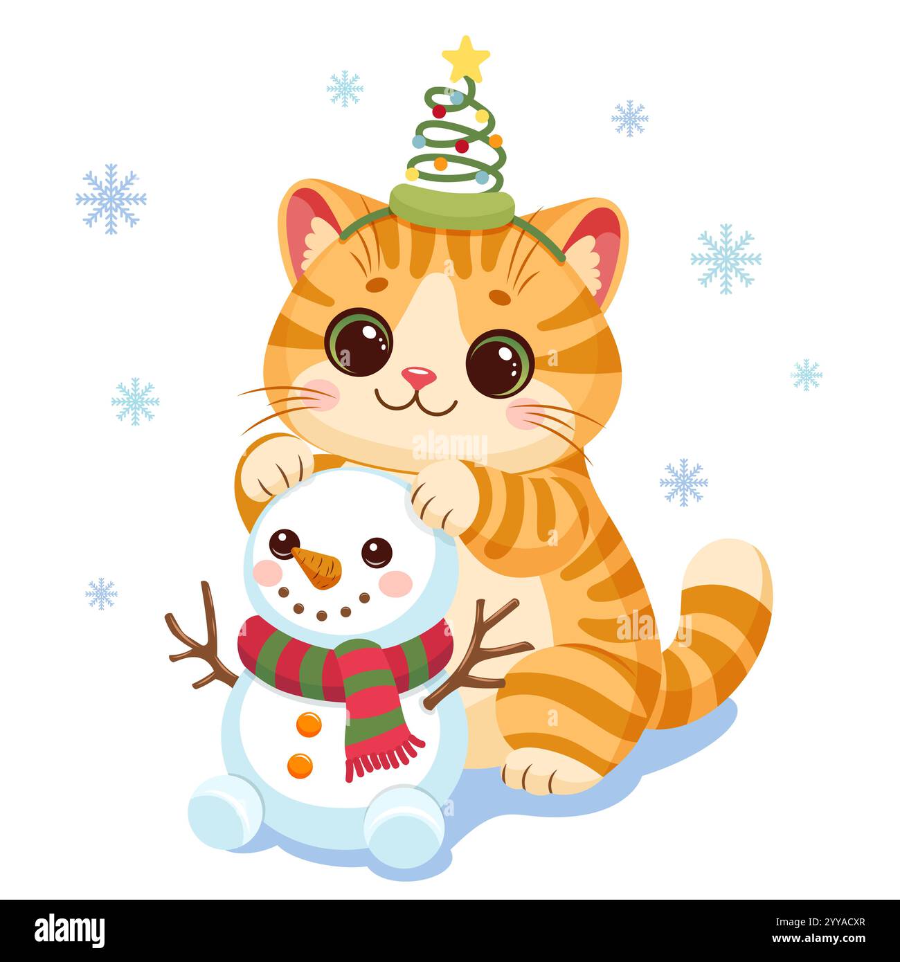 Vector illustration of adorable Christmas orange cat building a cute ...
