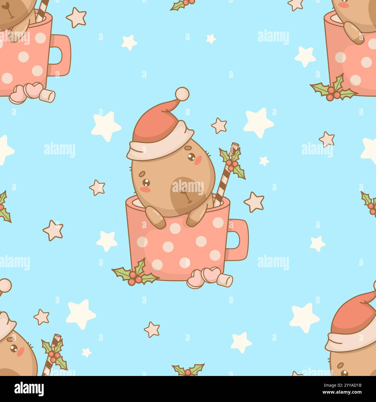 Christmas Seamless pattern. Calm Capybara Santa in cup on blue ...