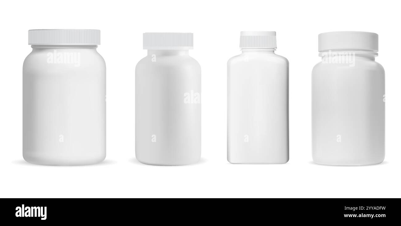 Medical pill bottle. White plastic supplement jar, vector mockup ...