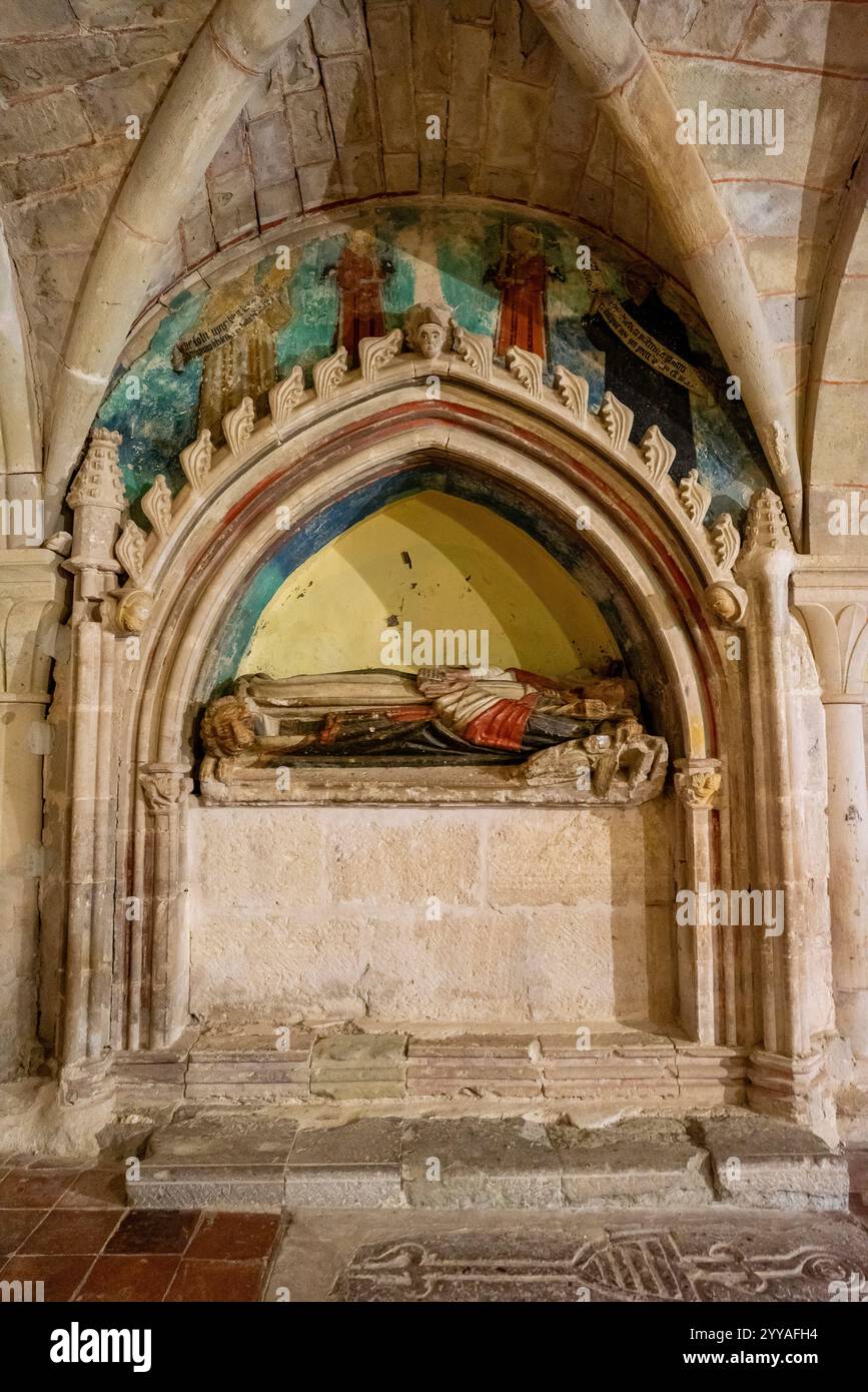 tomb of Abbot Sancho Marcilla, polychrome stone carving, Chapter house, 13th century, Romanesque ...