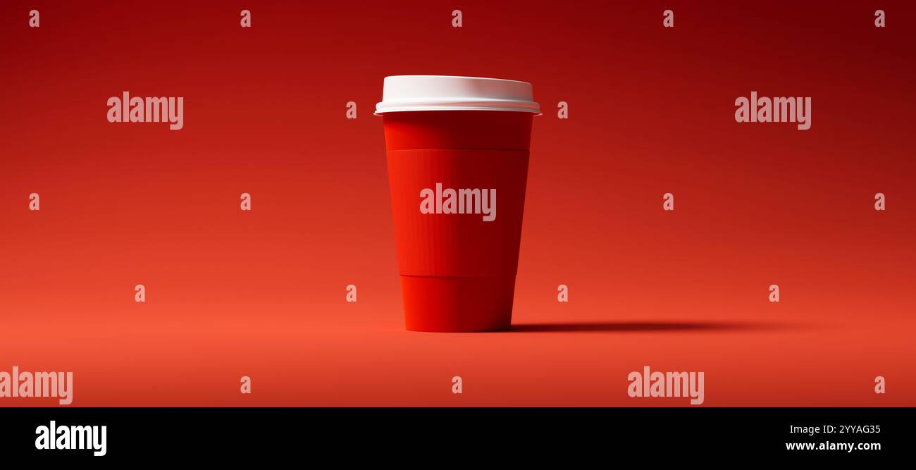 Minimalist Red Blank Paper Coffee Cup with holder centered on a red ...