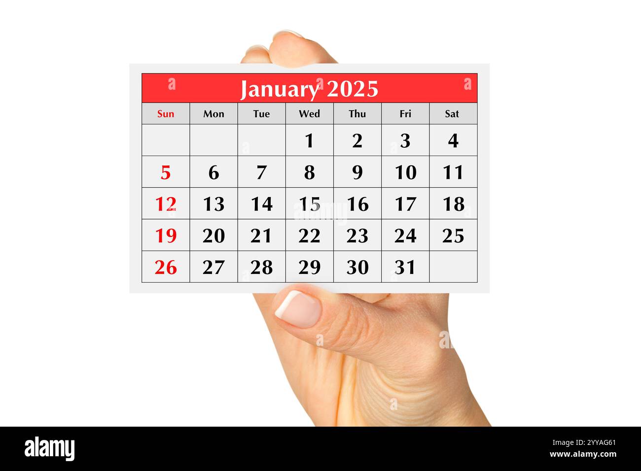 Page of the annual monthly calendar January 2025 in hand. Isolated on ...
