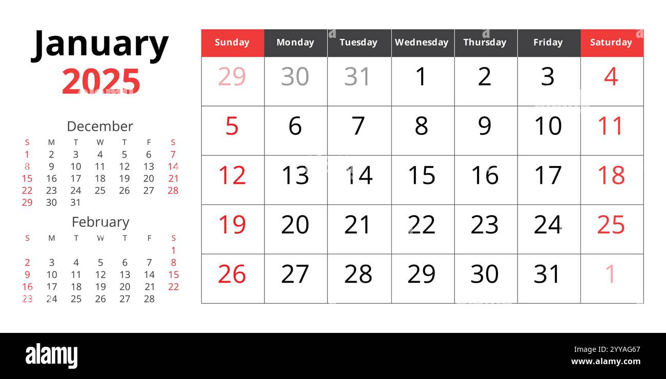 2025 january calendar. Vector English monthly. Winter month. Design ...