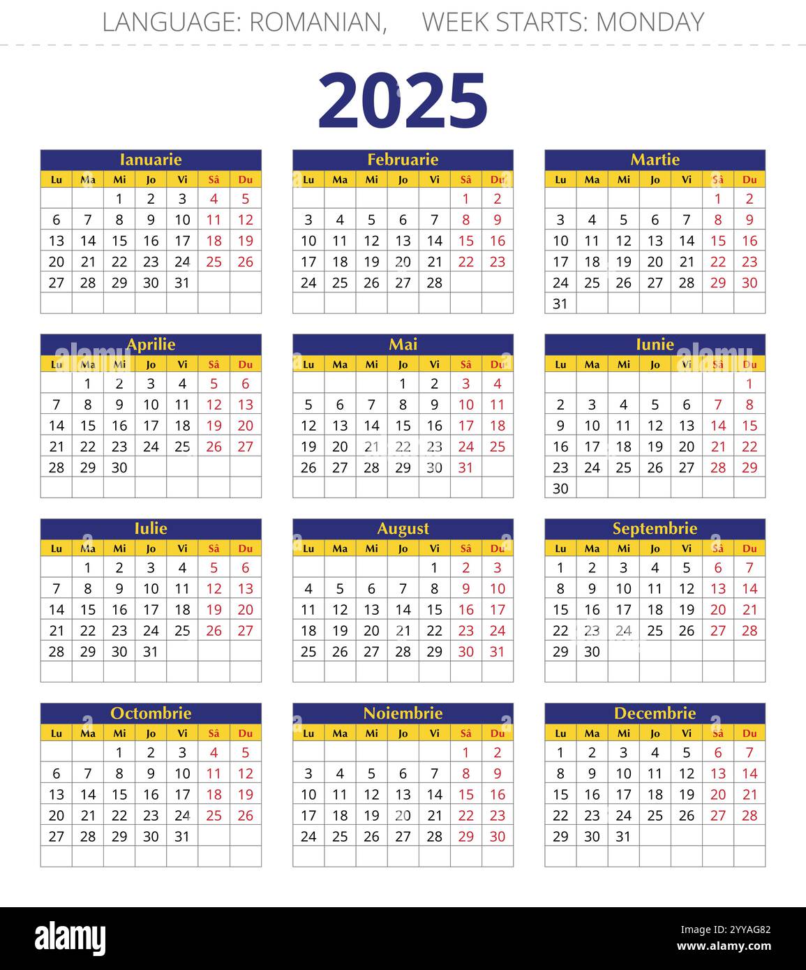 2025 year romanian calendar. Vector illustration in color of national ...
