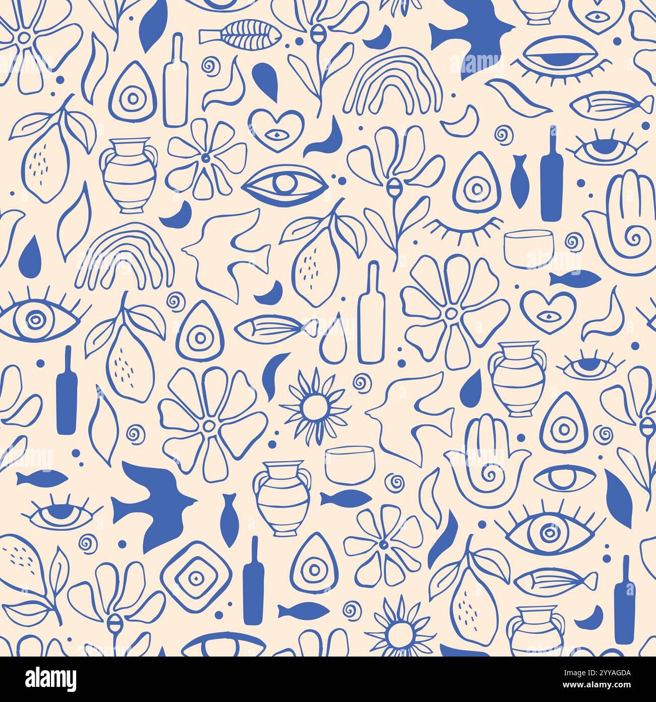 Mediterranean modern seamless patern with sketch style illustrations ...