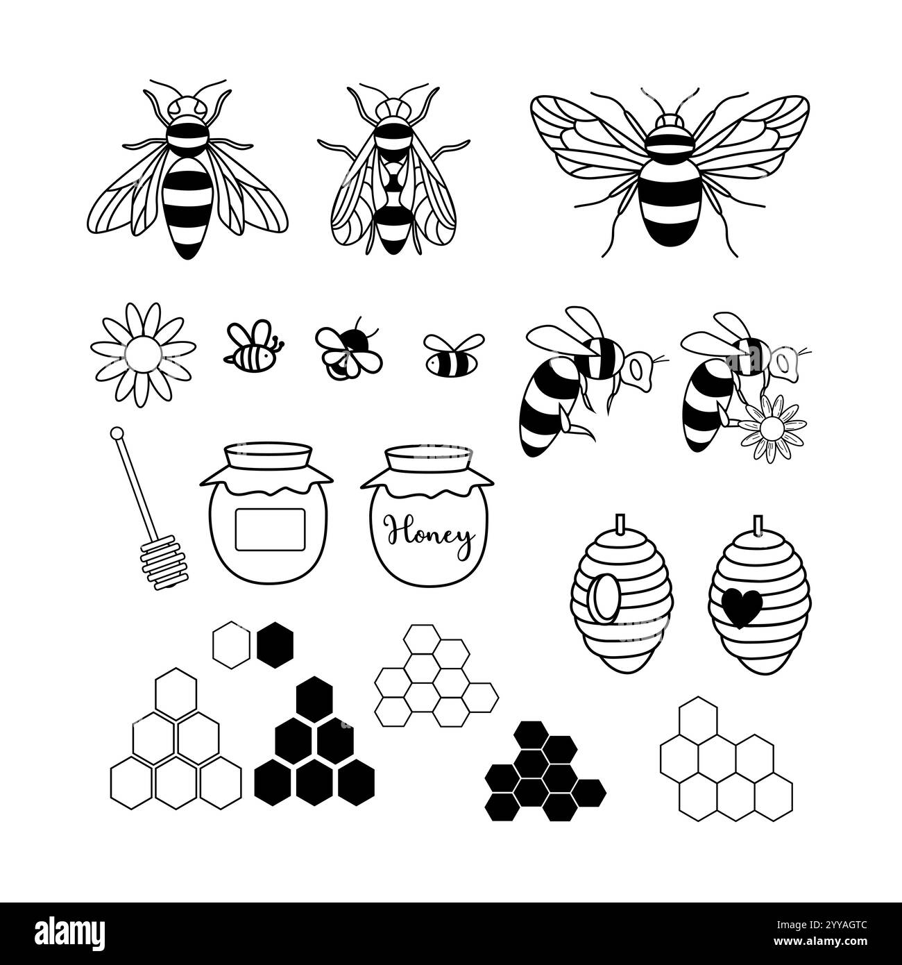 Set of flying bee vector illustrations , honey bee , house bee, jar and ...