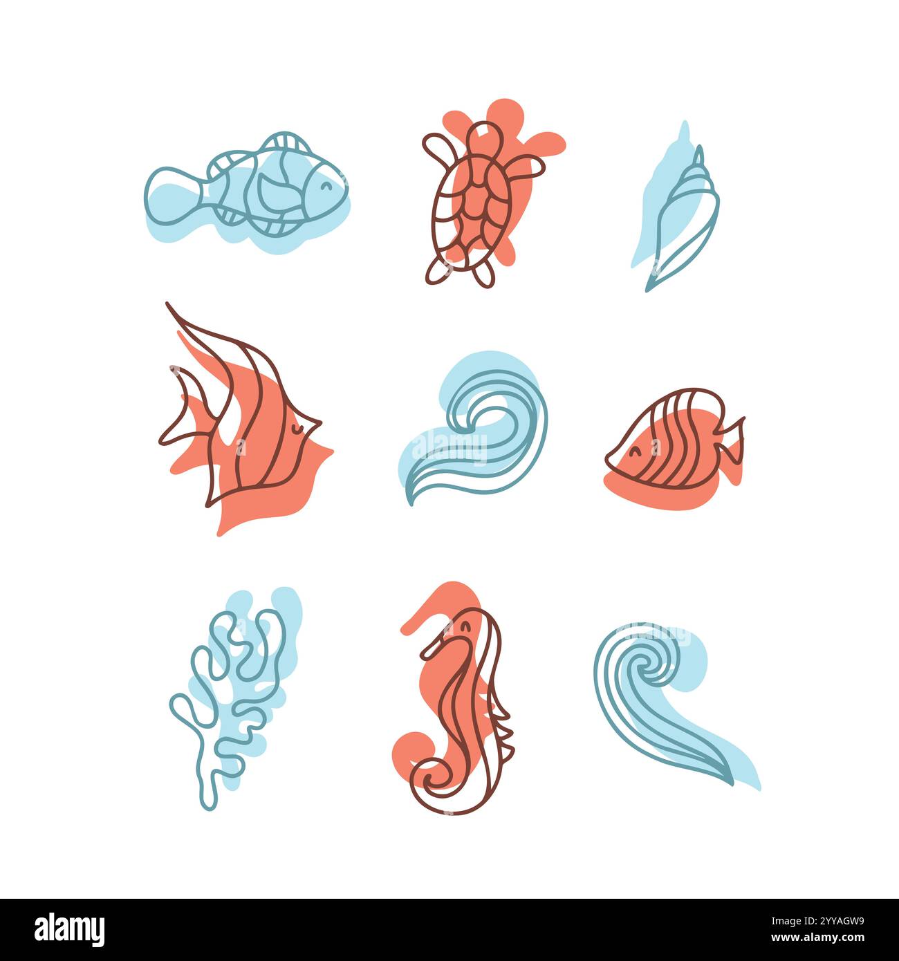 Colourful undersea life vector illustrations. Set of sea life animals ...