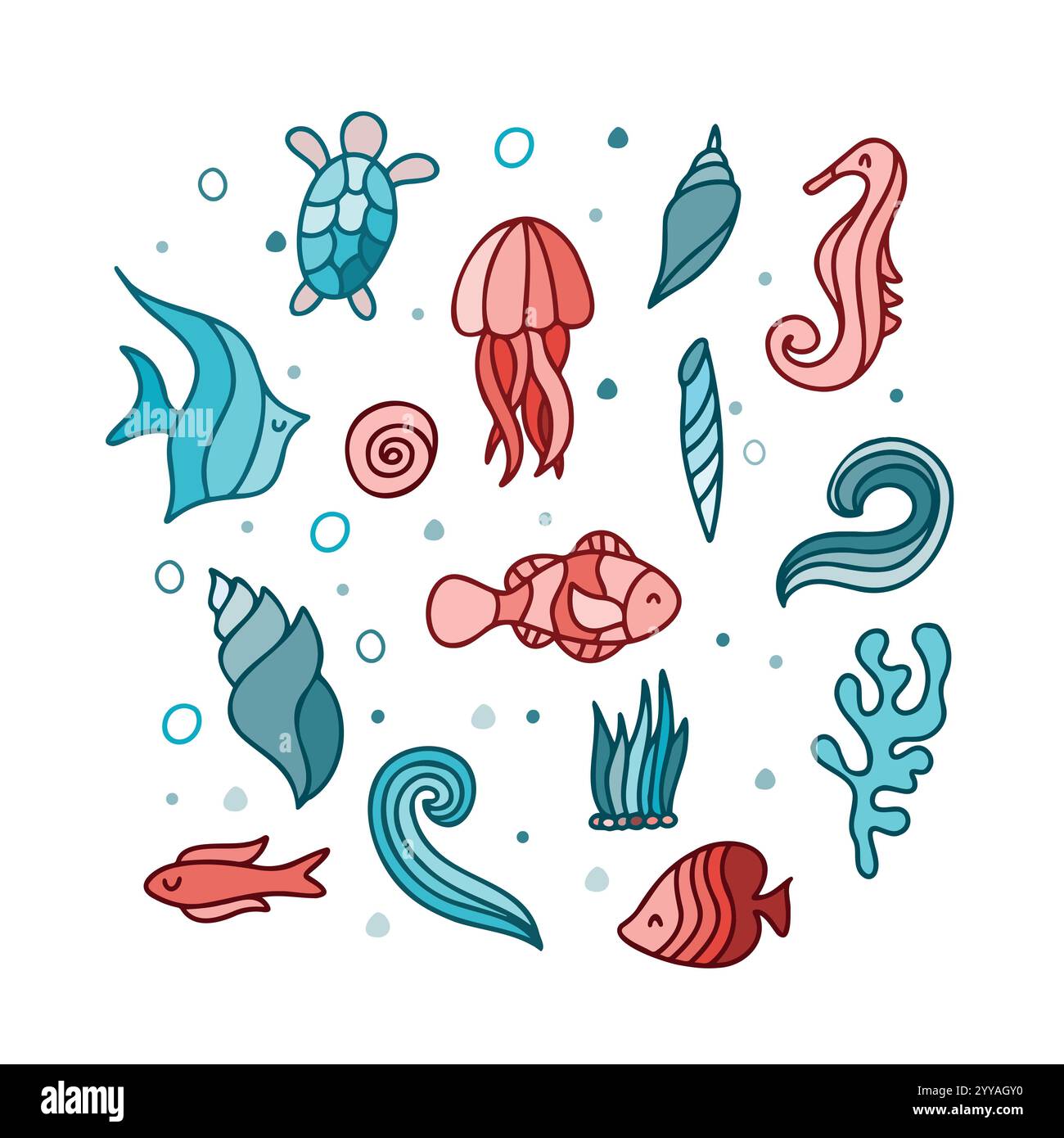 Colourful undersea life vector illustrations. Set of sea life animals ...