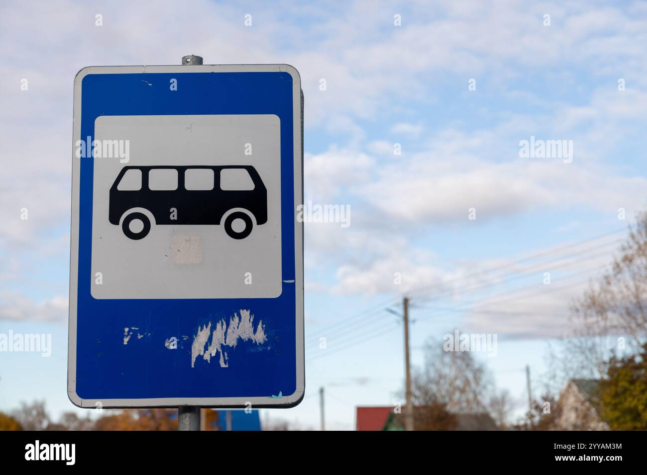 Bus sign. Bus Stop blue road sign, old road sign isolated on white ...