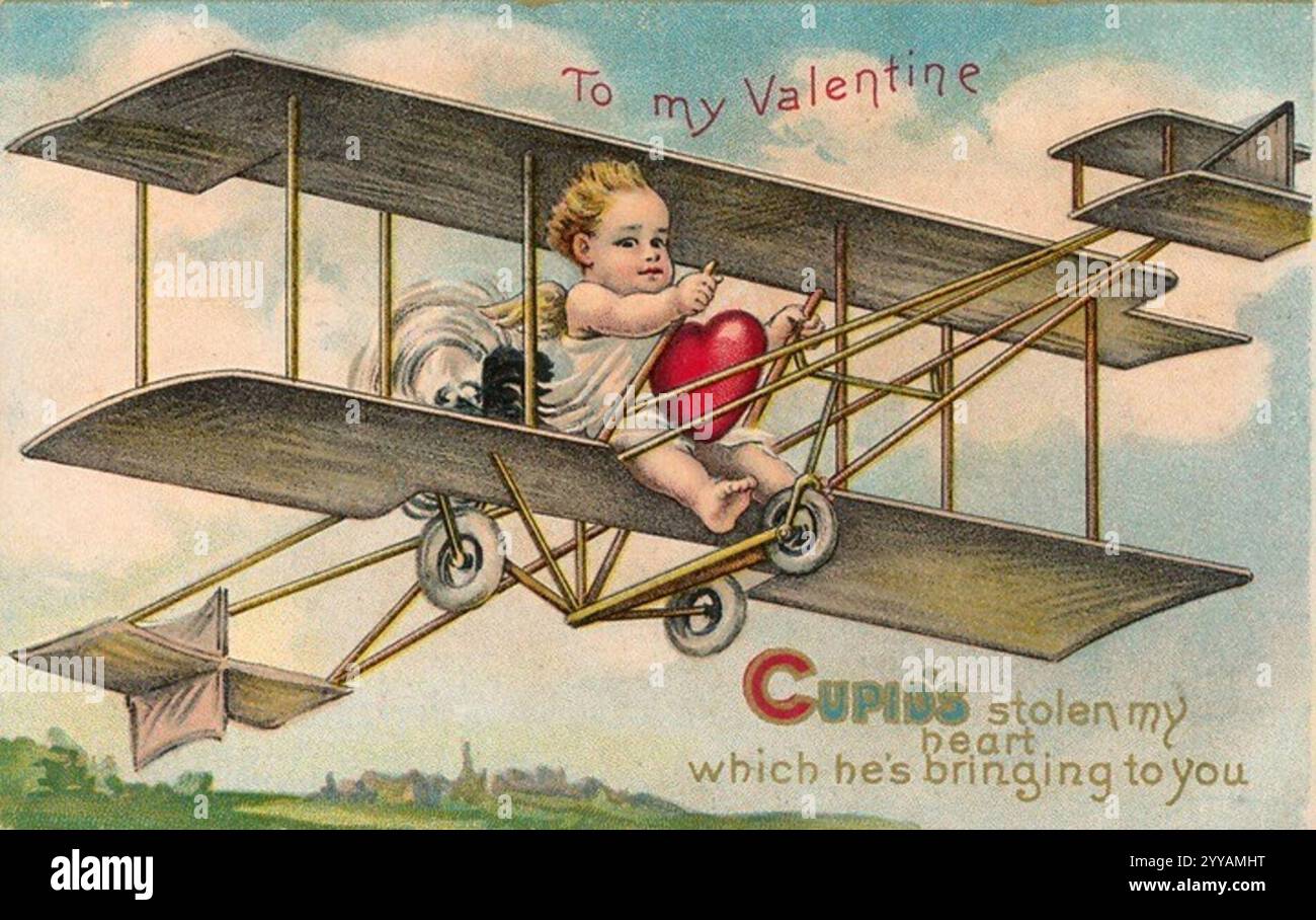 1910s Valentine's Day Card featuring Cupid flying an aeroplane Stock ...