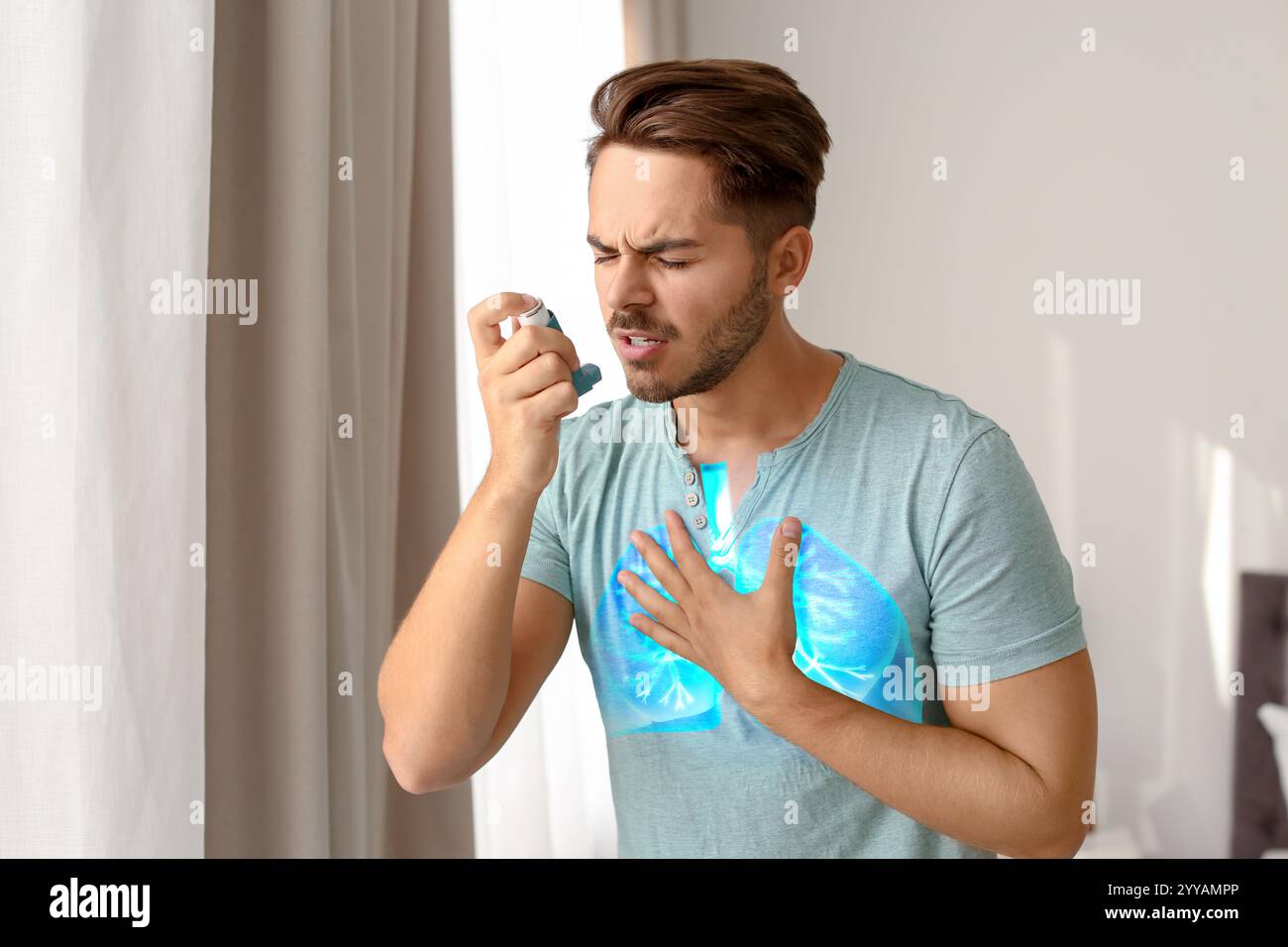 Young man using asthma inhaler at home. Illustration of lungs Stock ...