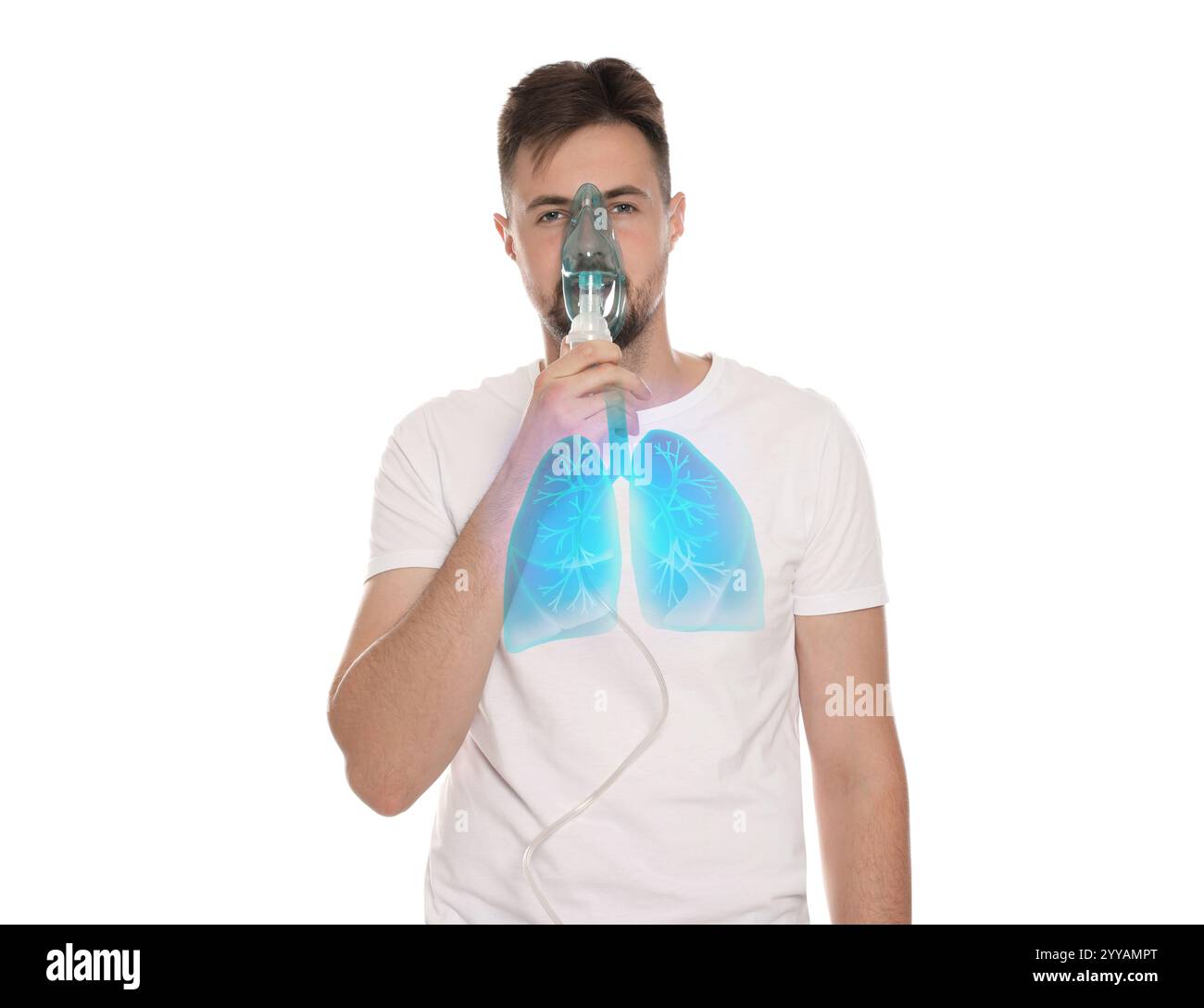 Man with asthma using nebulizer for inhalation on white background ...