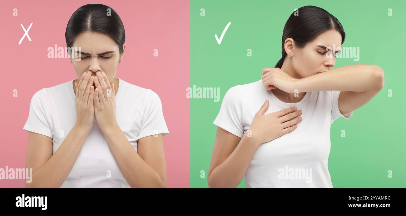 Cough etiquette, cover mouth with elbow to prevent disease spreading ...