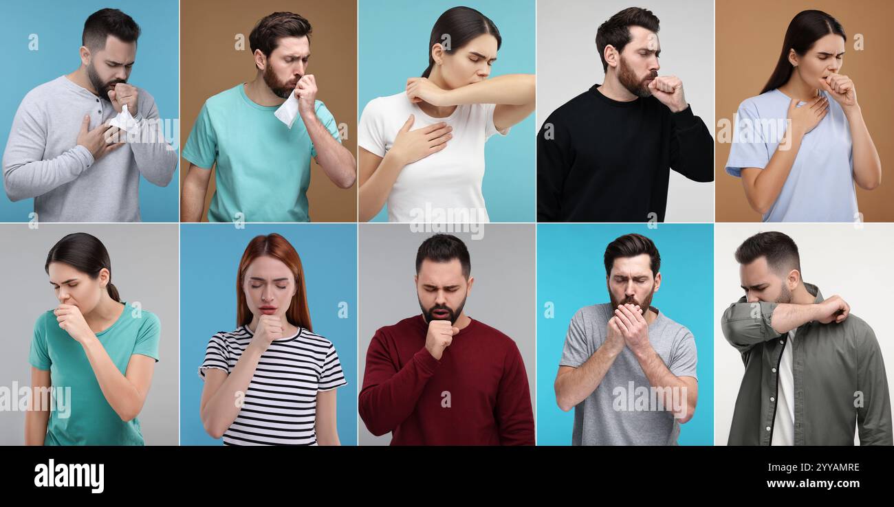 People coughing. Set of portraits on different colors backgrounds Stock ...
