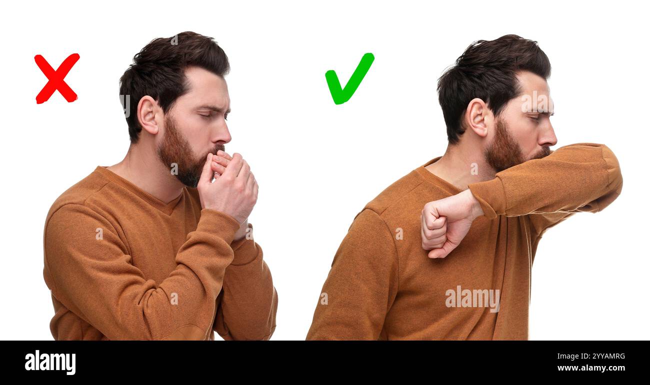 Cough etiquette, cover mouth with elbow to prevent disease spreading ...
