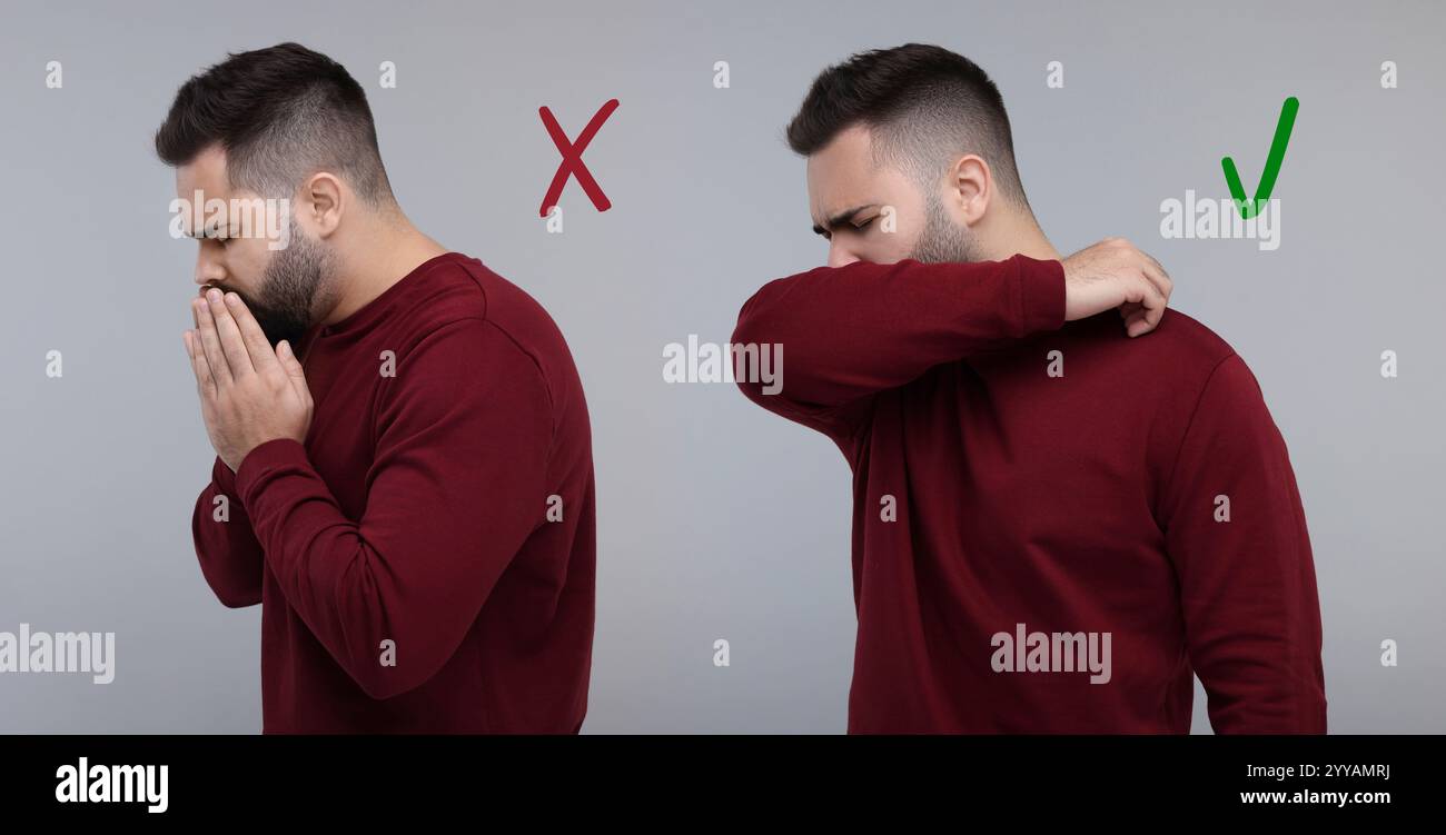 Cough etiquette, cover mouth with elbow to prevent disease spreading ...