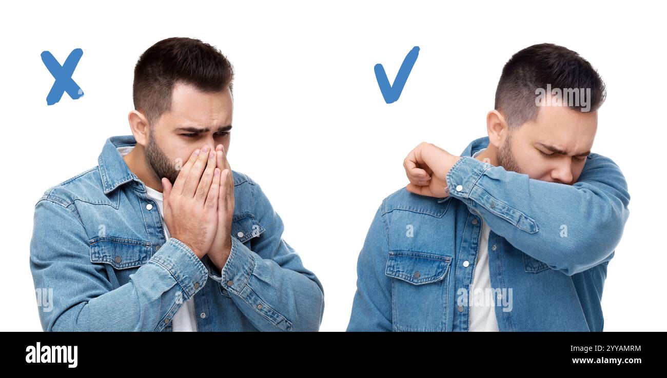 Cough etiquette, cover mouth with elbow to prevent disease spreading ...