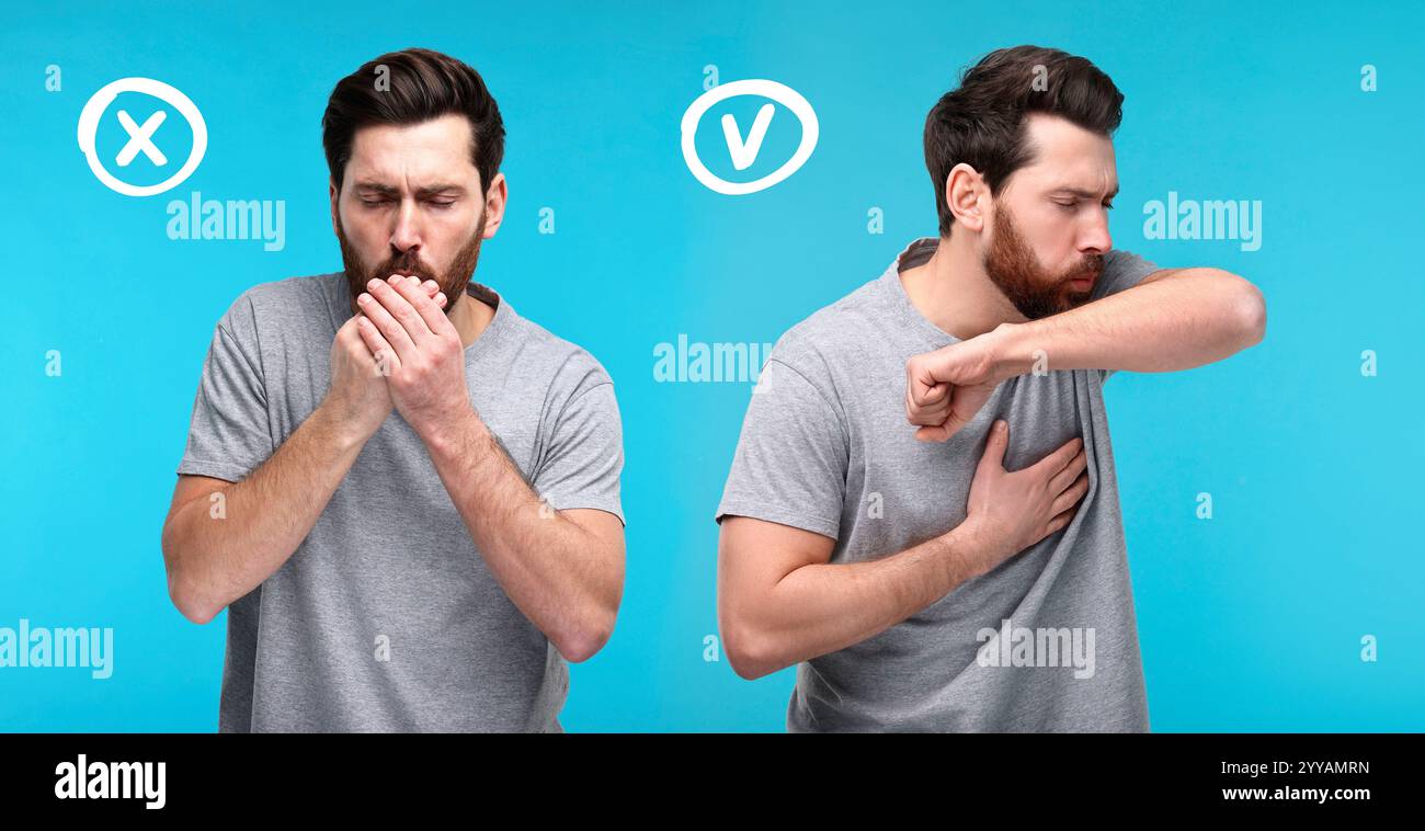 Cough etiquette, cover mouth with elbow to prevent disease spreading ...