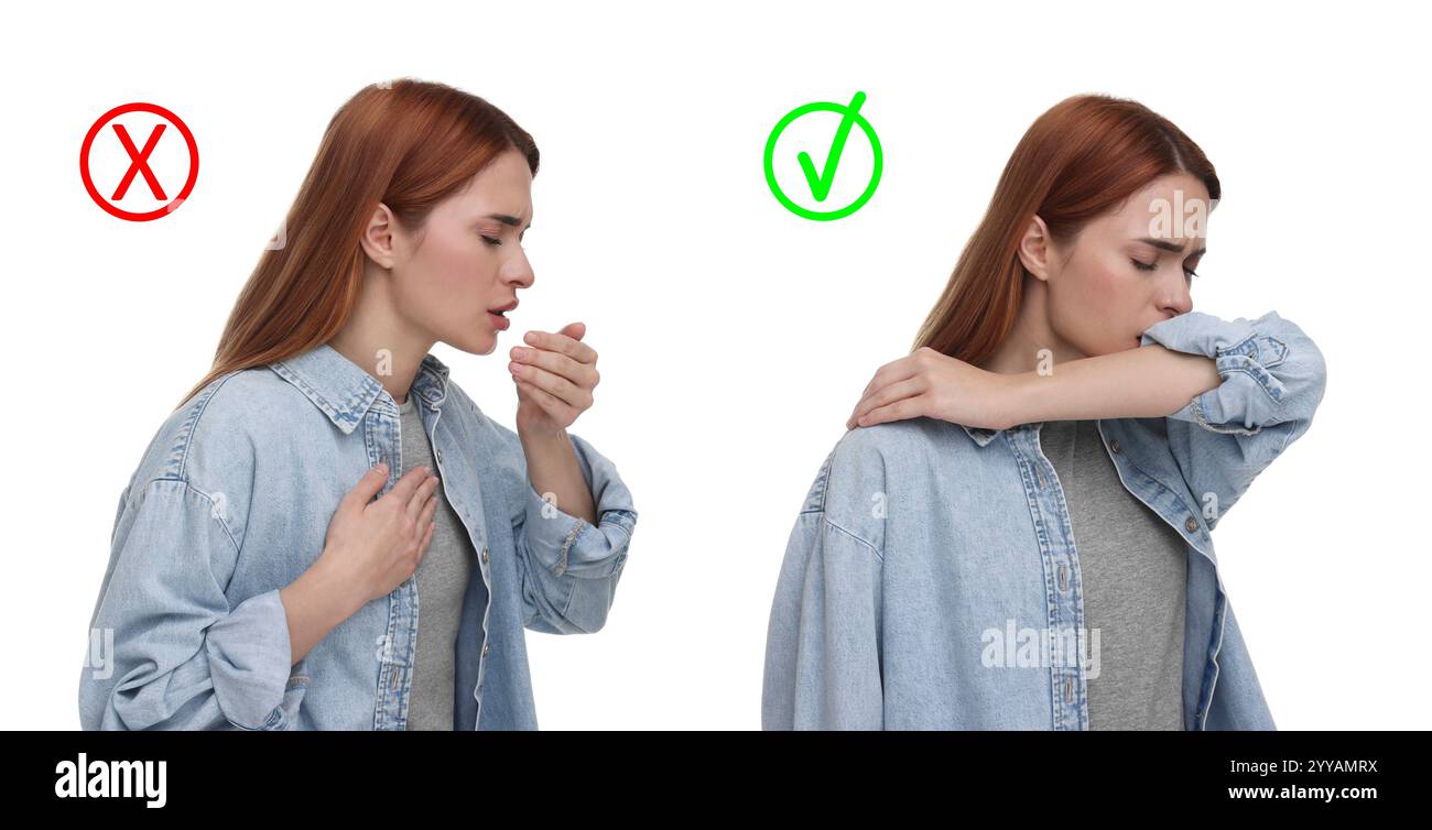 Cough etiquette, cover mouth with elbow to prevent disease spreading ...