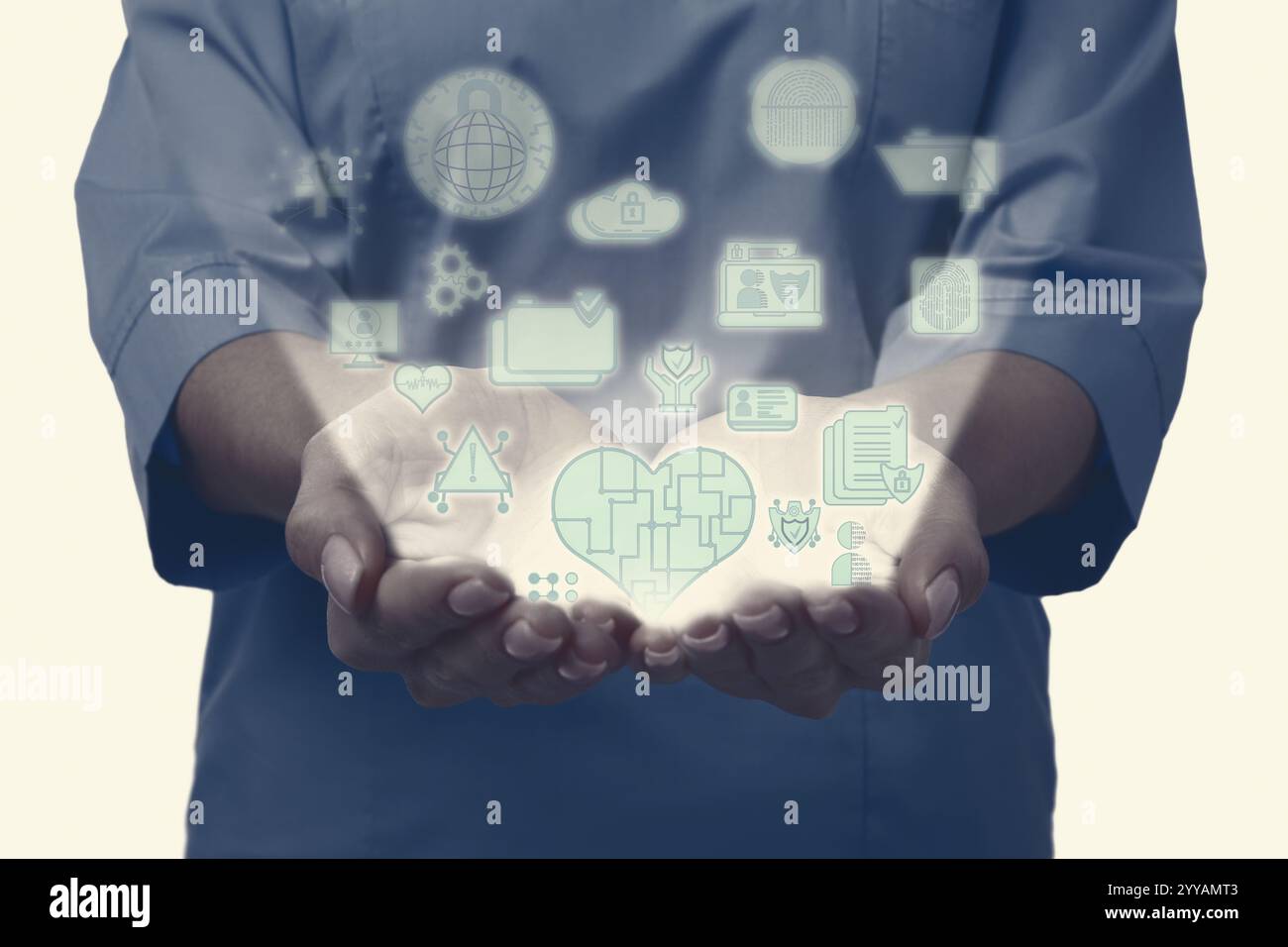 Medical privacy and confidentiality. Doctor with different icons coming ...