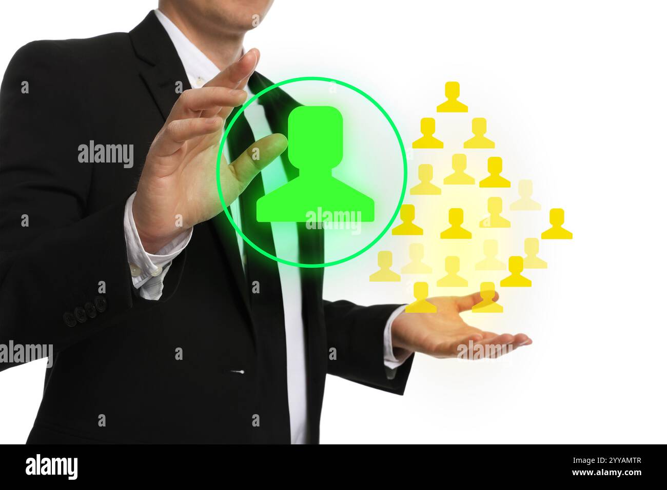 Human resource. Businessman choosing one virtual figure among others on ...