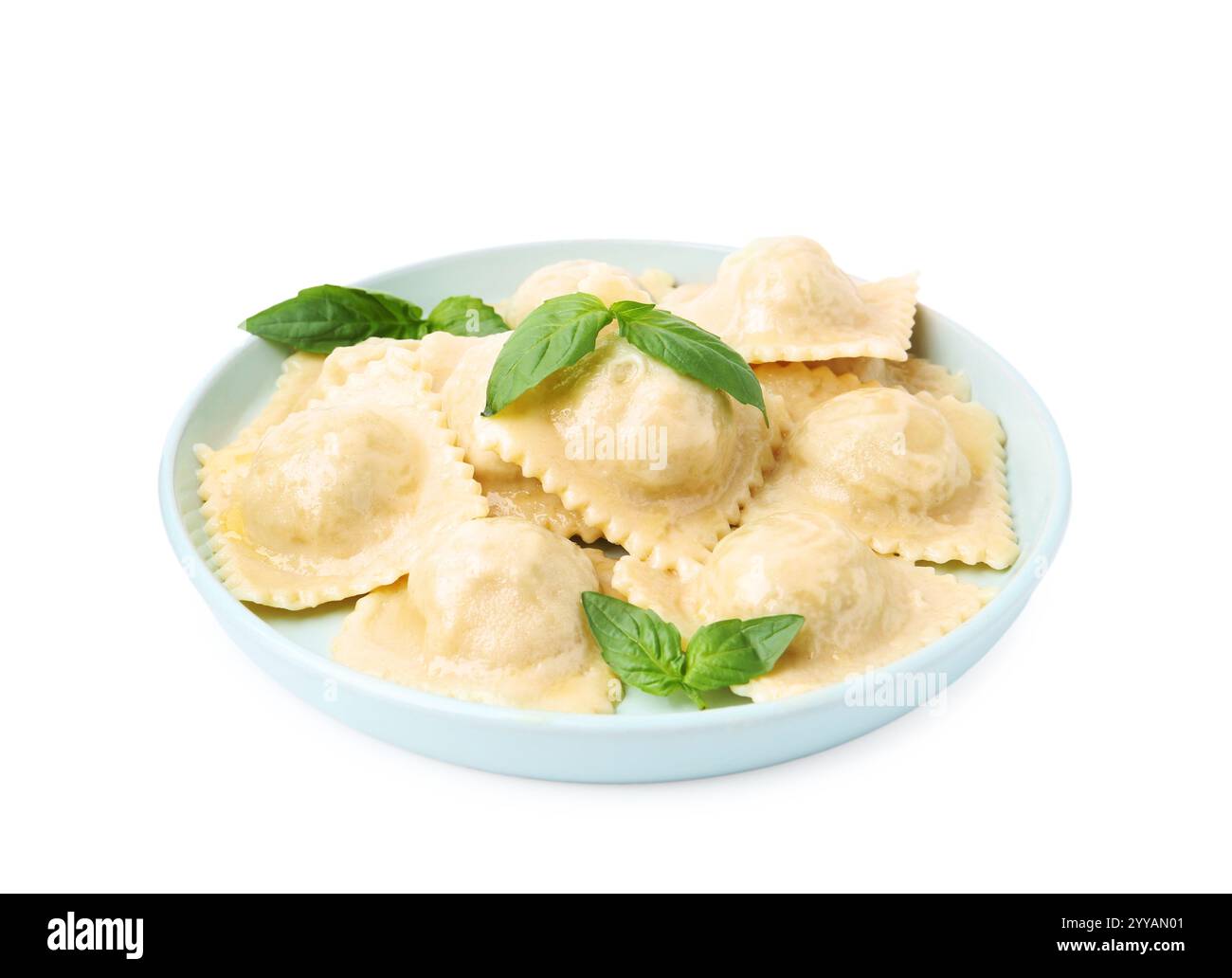 Delicious ravioli with cheese and basil isolated on white Stock Photo ...