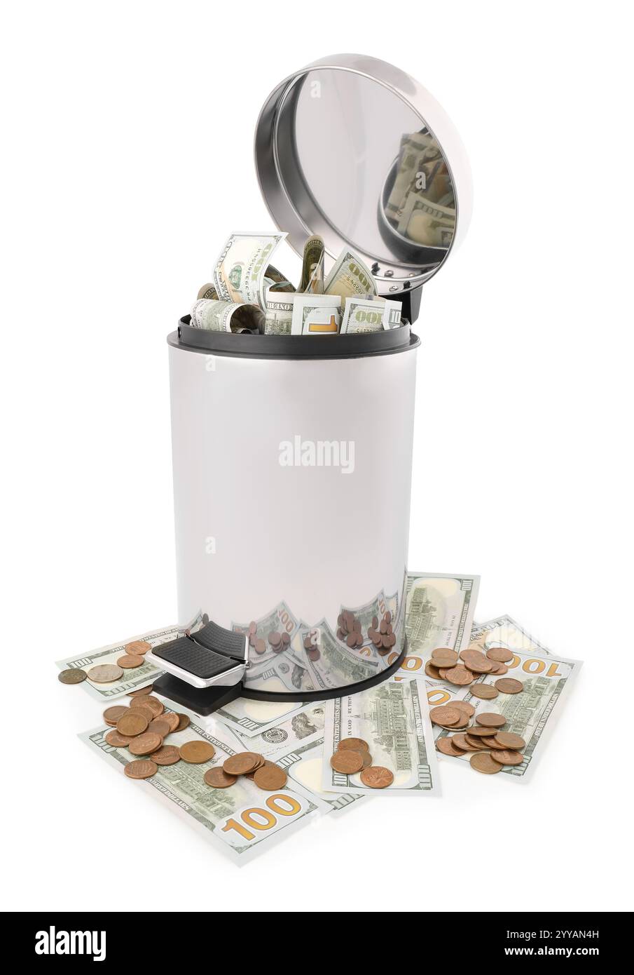 Dollar banknotes in trash bin and coins on white background Stock Photo ...