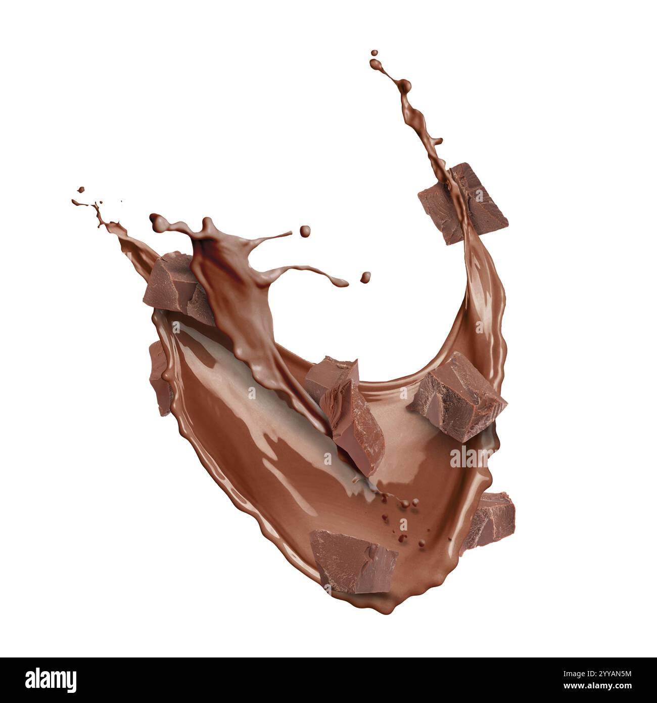 Chocolate milkshake splash with pieces of chocolate in air on white ...