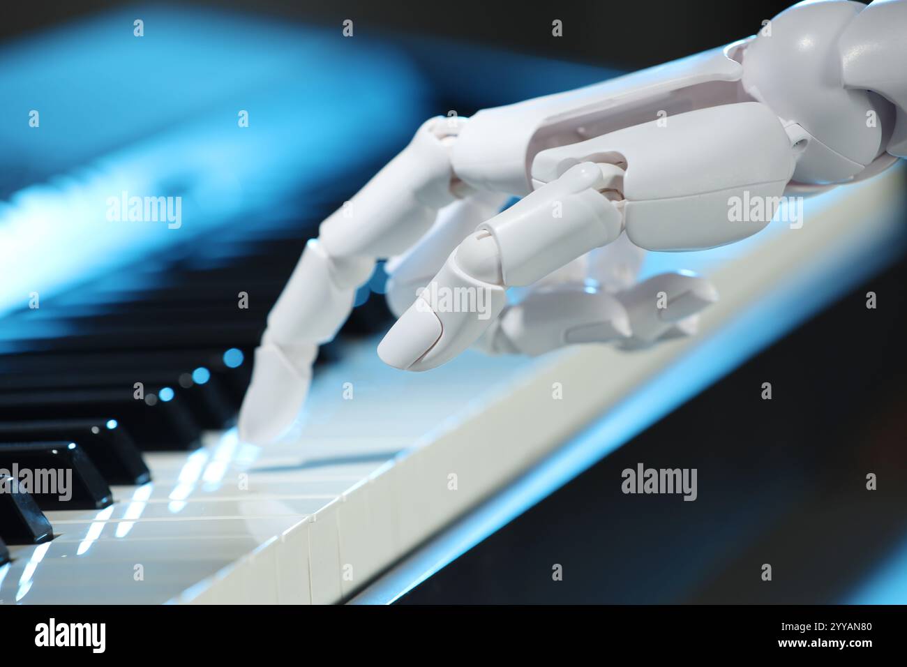 Artificial intelligence. Robot hand playing piano on dark background ...