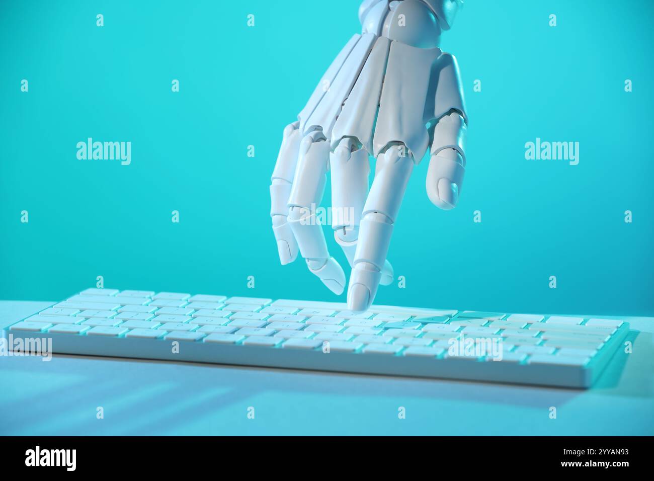 Artificial intelligence. Robot hand using keyboard at table in blue light, closeup Stock Photo ...