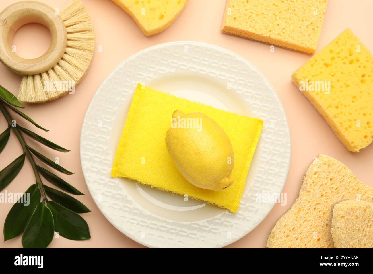 Flat lay composition with sponges and plate on beige background Stock ...