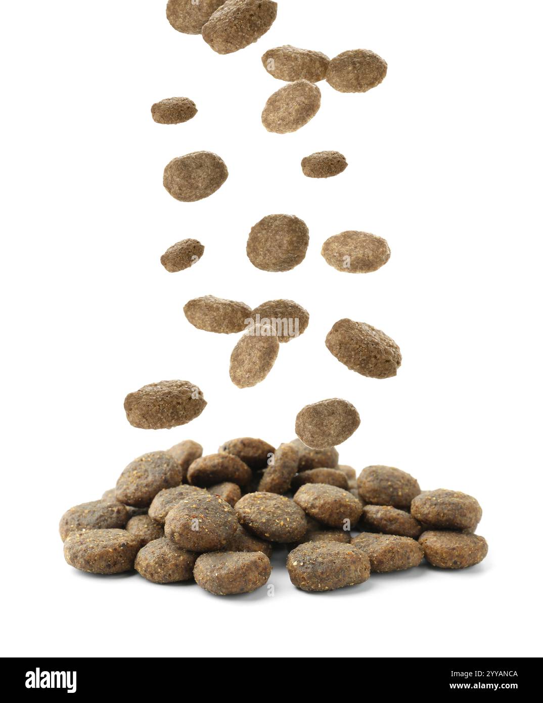 Dry pet food falling onto heap on white background Stock Photo - Alamy