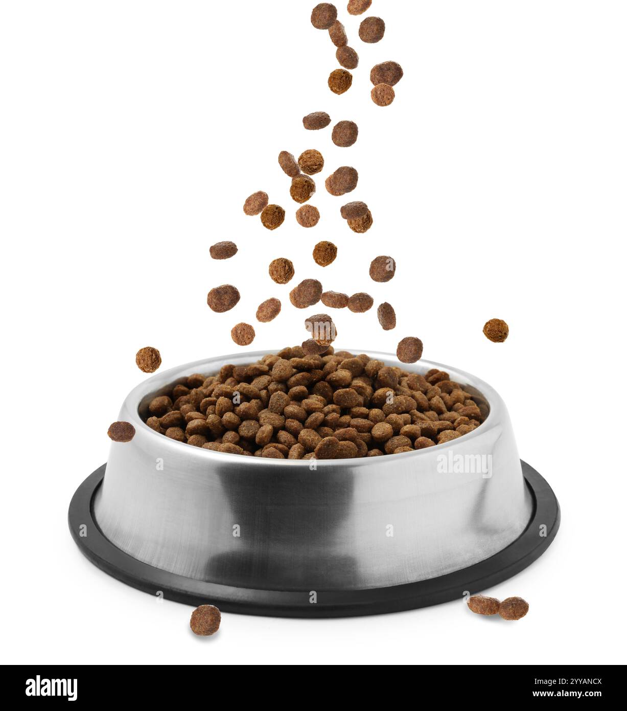 Dry pet food falling into bowl on white background Stock Photo - Alamy