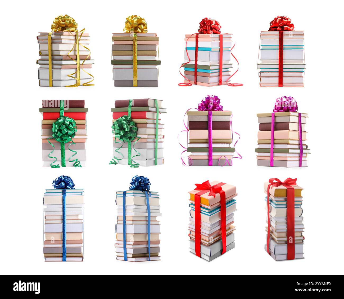 Stacked books decorated with bows isolated on white. Nice holiday gift ...