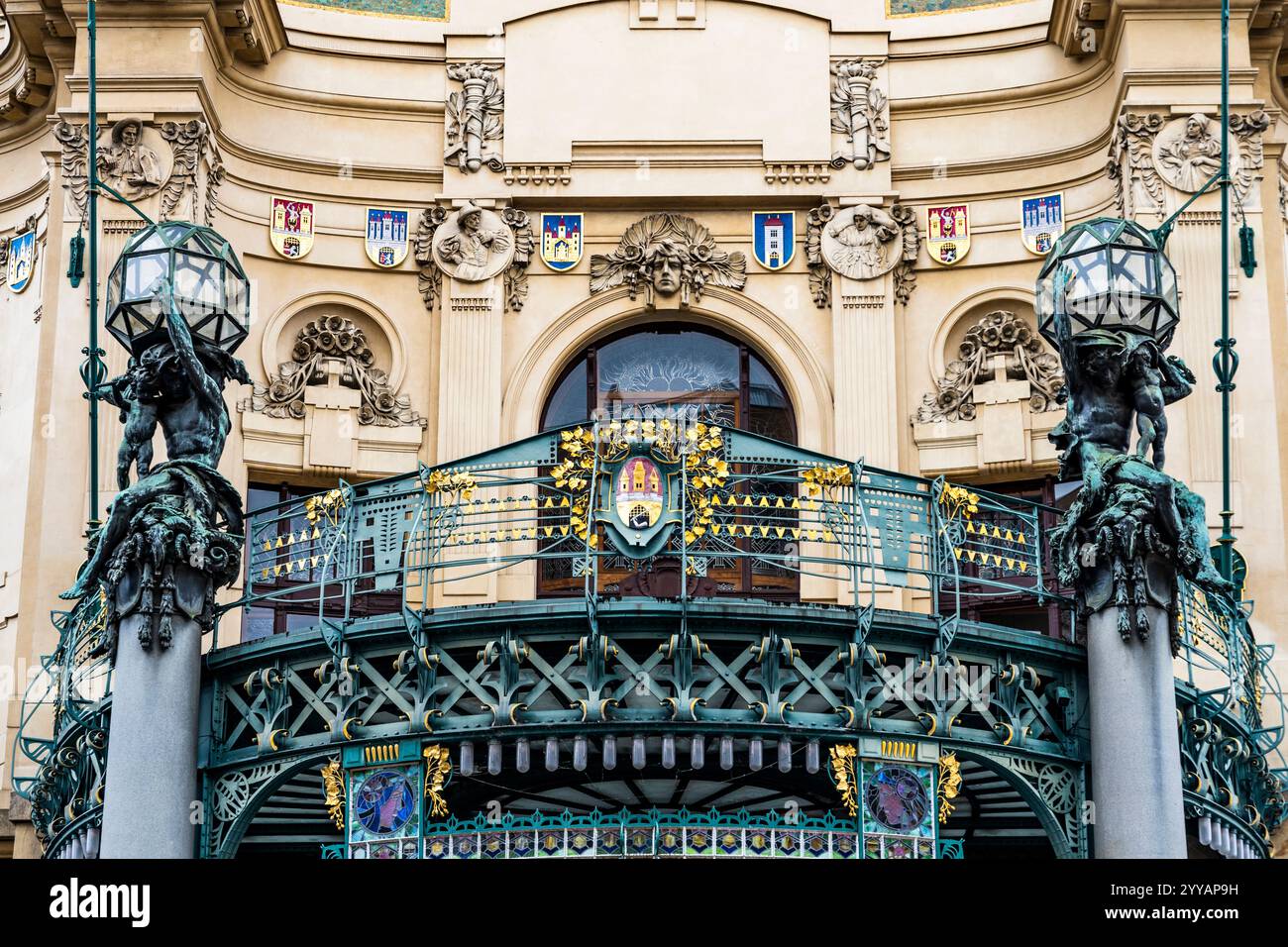 Detail of cast-iron balcony above the entrance of Art Nouveau-style ...