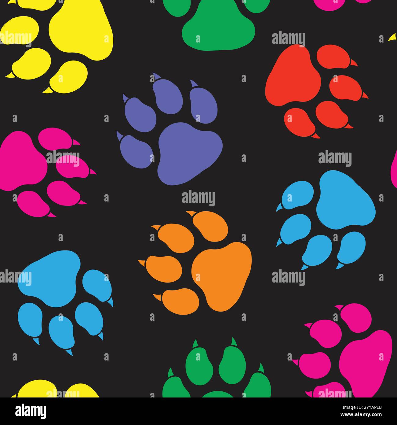 Cute Colorful dog paw prints with claws on black, seamless vector ...