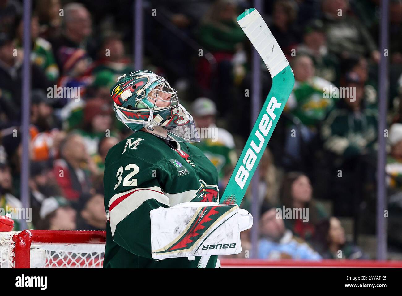 Minnesota Wild goaltender Filip Gustavsson (32) looks on during the ...