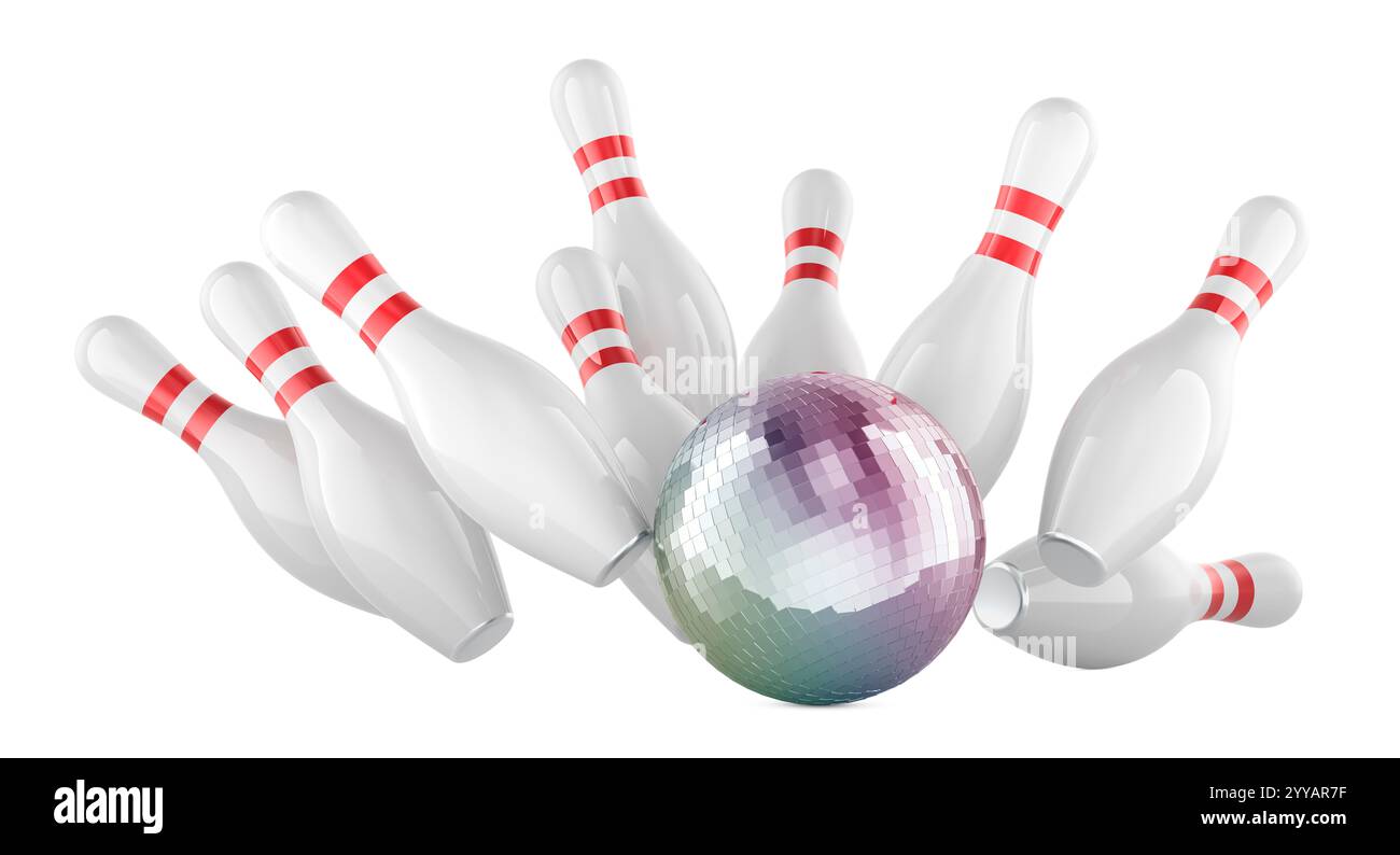 Bowling strike with mirror disco ball, 3D rendering isolated on white ...