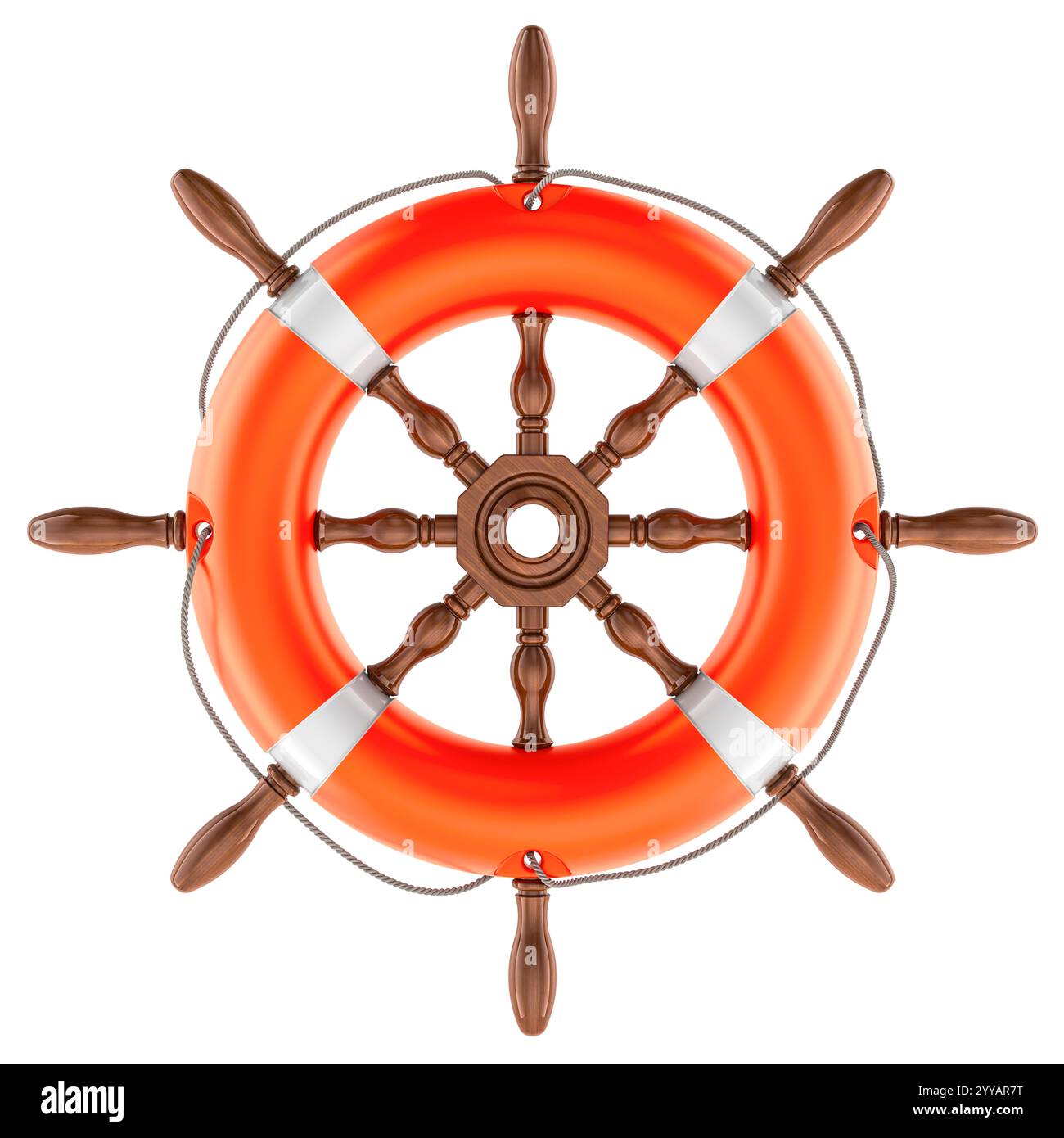 Safety at sea, concept. Steering wheel ship with lifebelt, 3D rendering ...
