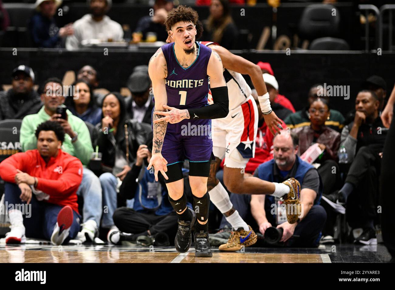 Charlotte Hornets guard LaMelo Ball (1) gestures during the first half ...